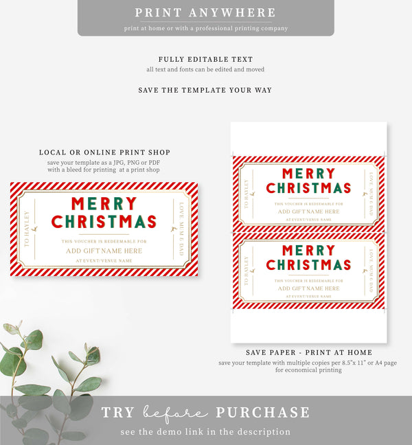 Stripe Red Gold | Printable Christmas Custom Gift Voucher Template ...