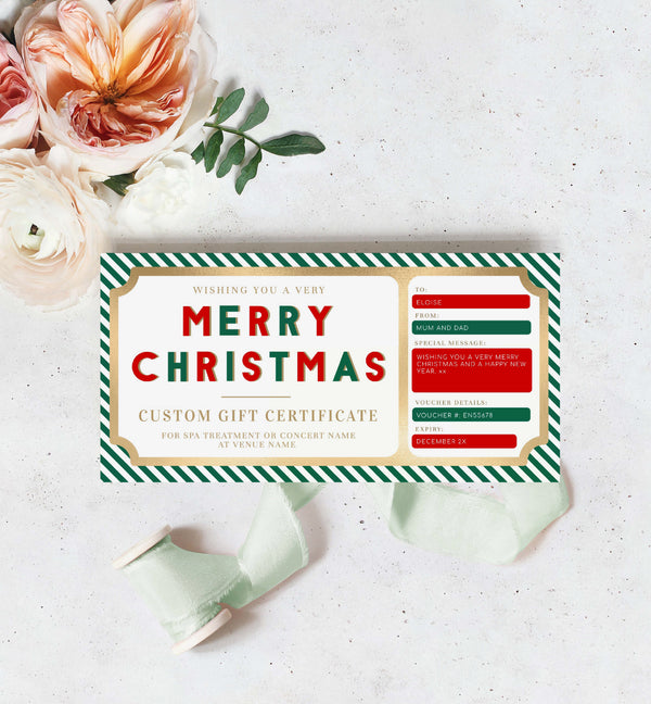 Stripe Green Red | Printable Christmas Custom Gift Voucher Template ...