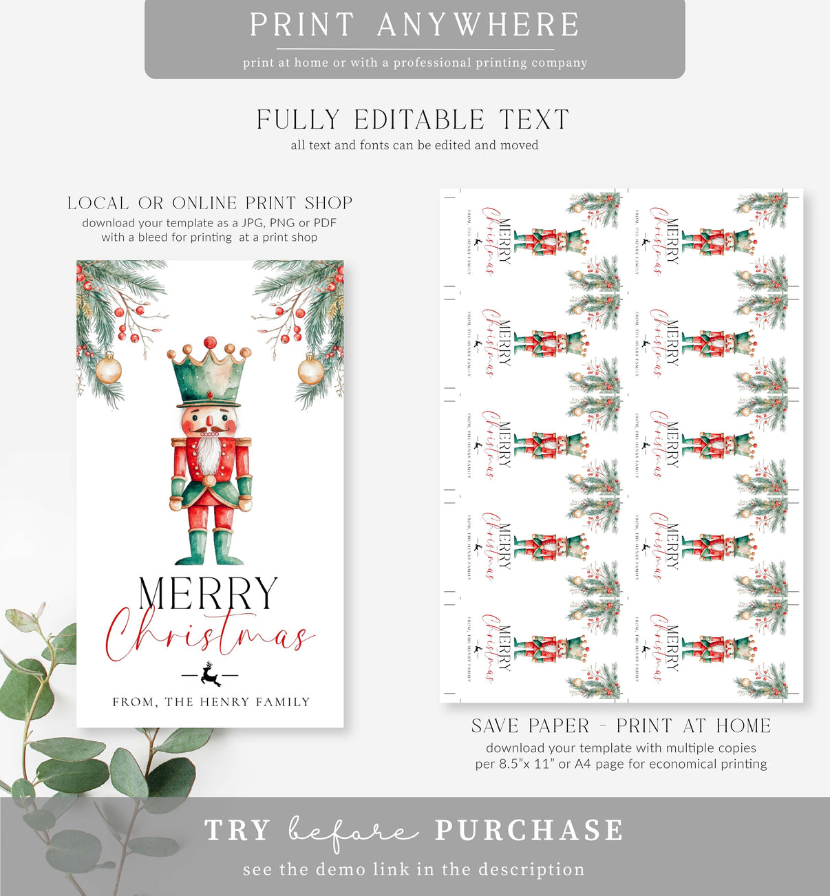 Nutcracker | Printable Christmas Gift Tag Template – Black Bow Studio