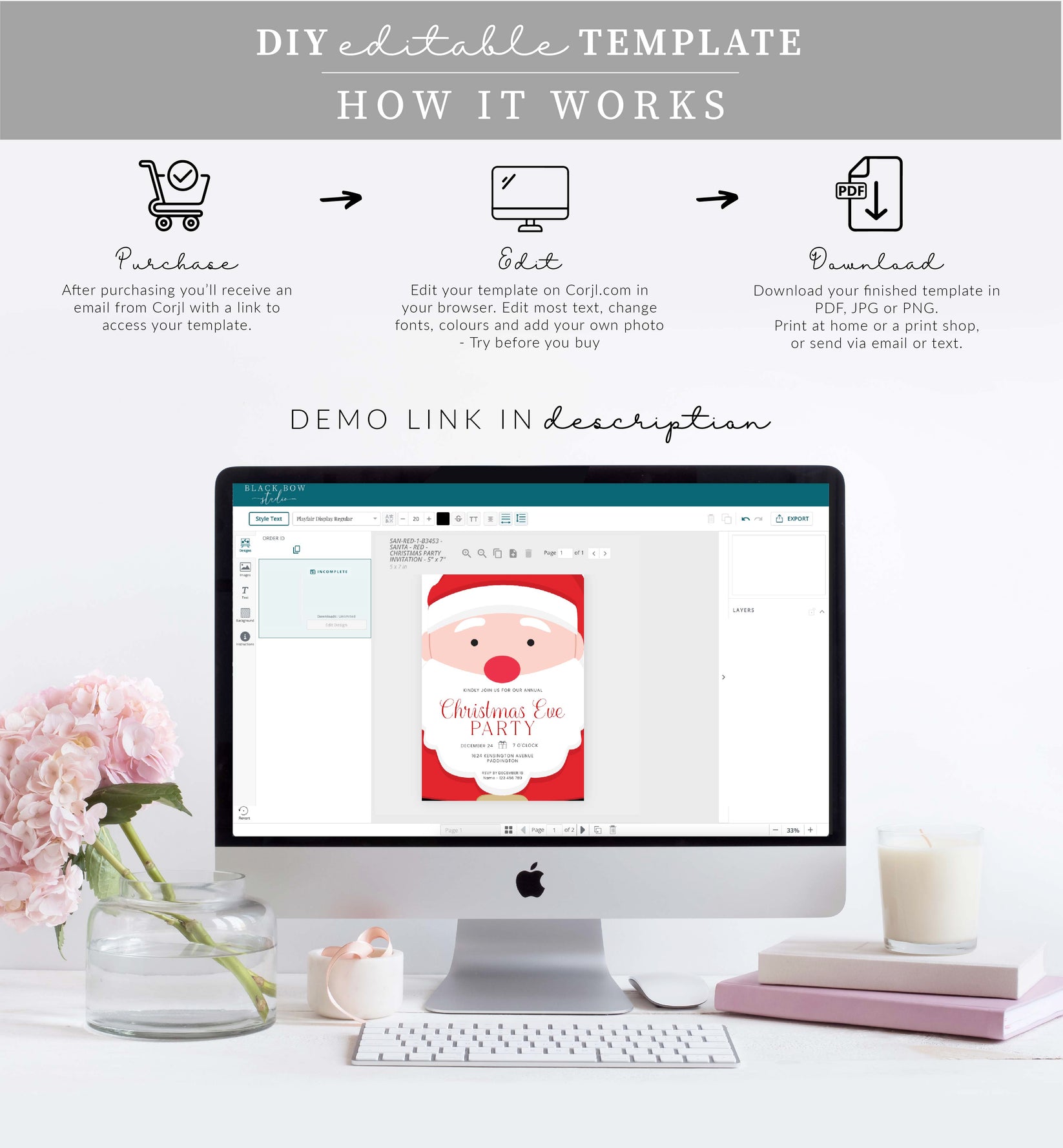 Santa Red | Printable Christmas Party Invitation – Black Bow Studio