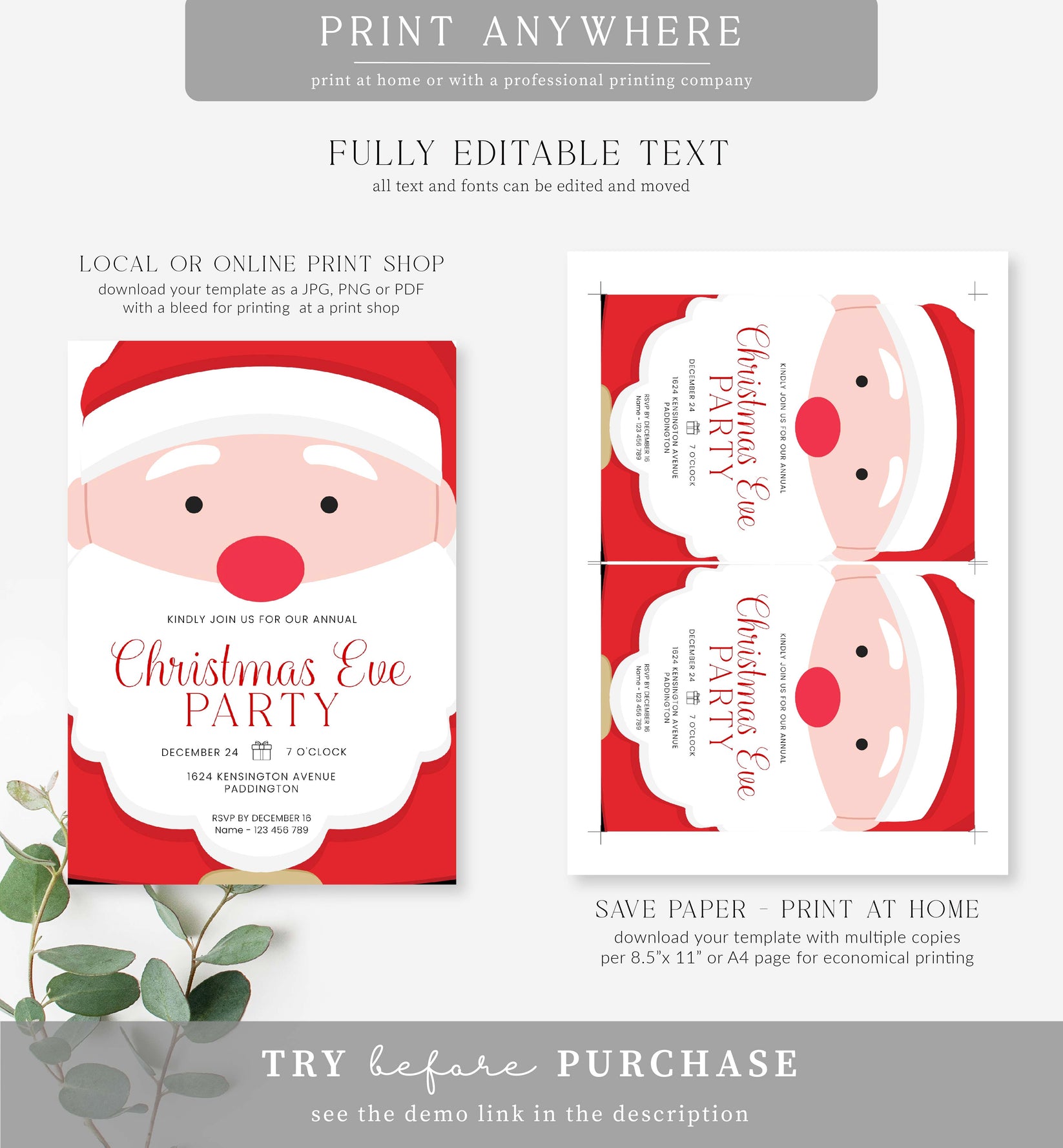 Santa Red | Printable Christmas Party Invitation – Black Bow Studio