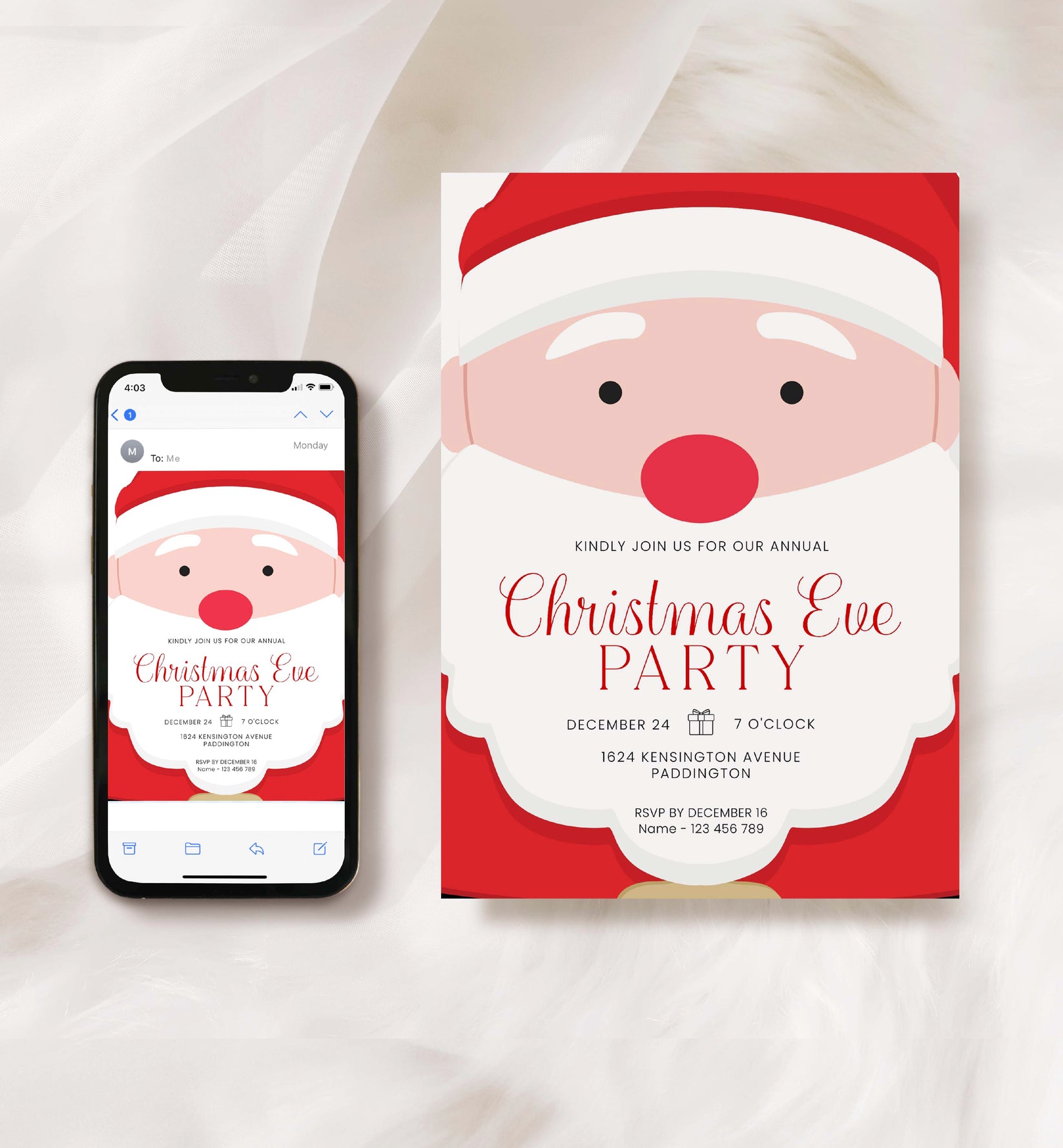 Santa Red | Printable Christmas Party Invitation – Black Bow Studio