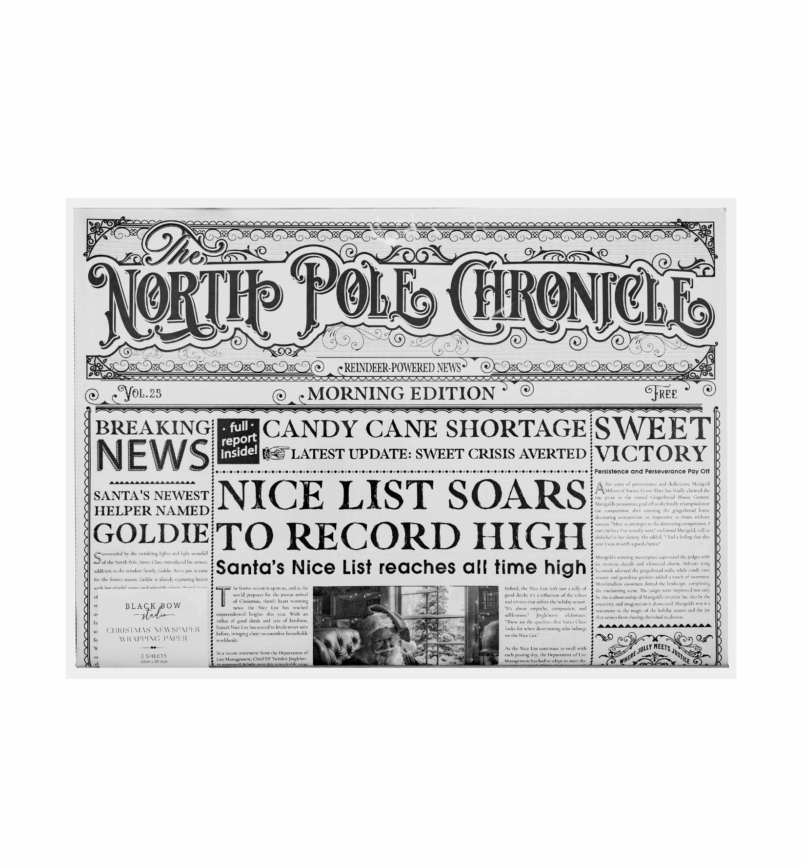 North Pole Chronicle Christmas Newspaper Wrapping Paper | 3 Sheets ...