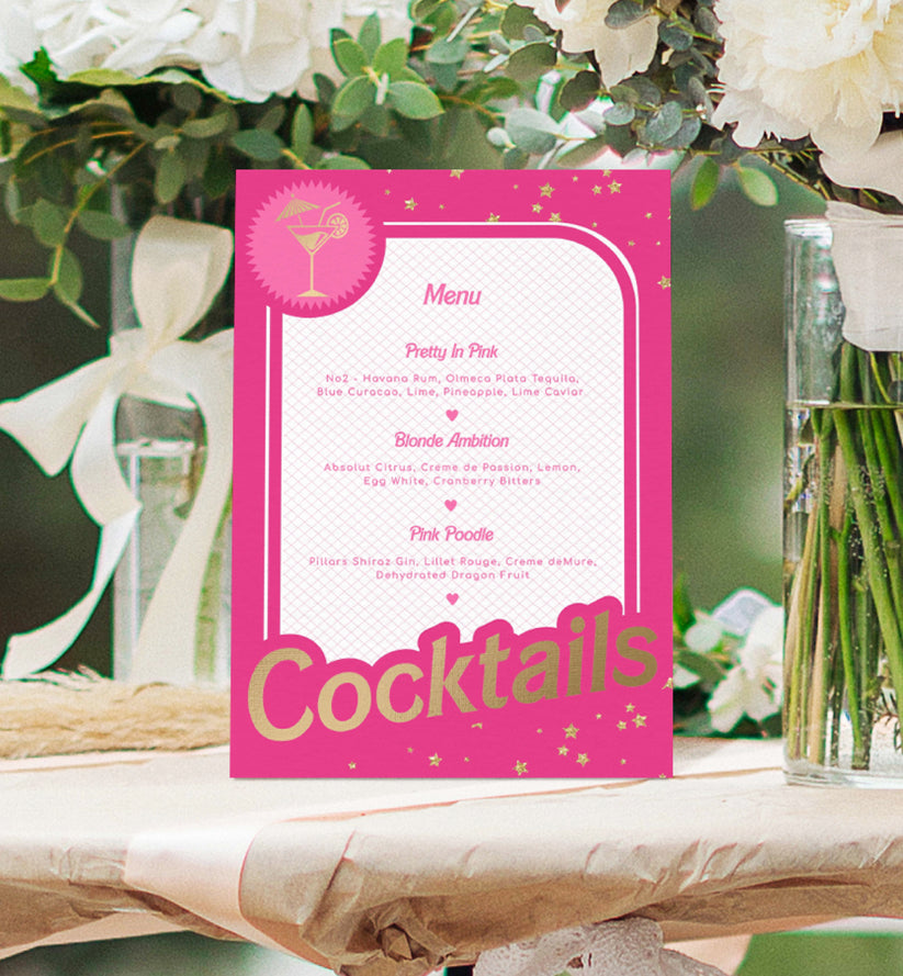 Barbie Party Hot Pink Gold | Printable Cocktails Bar Menu Sign Templat ...