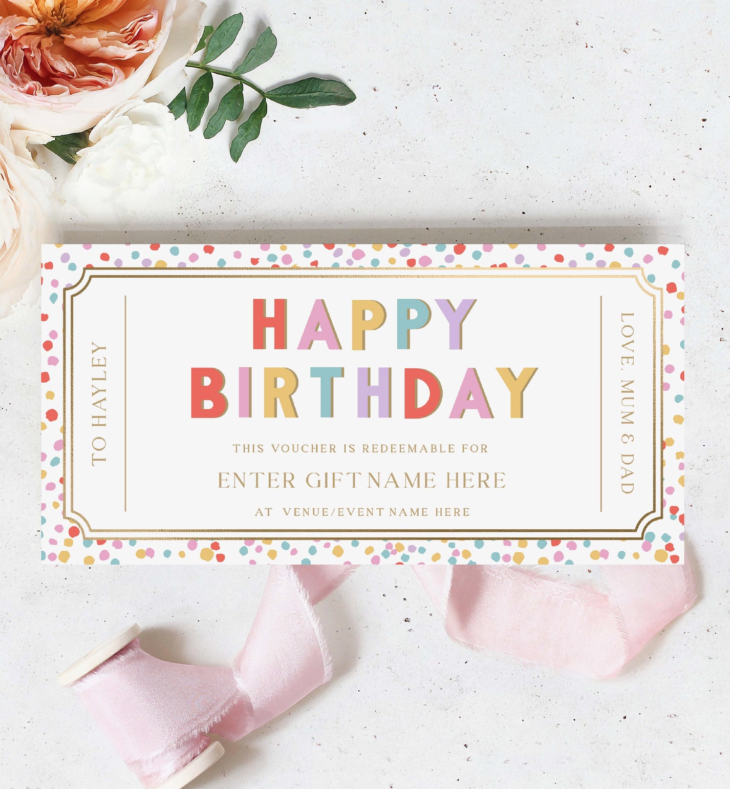 Dot Multi | Printable Birthday Gift Voucher Template – Black Bow Studio