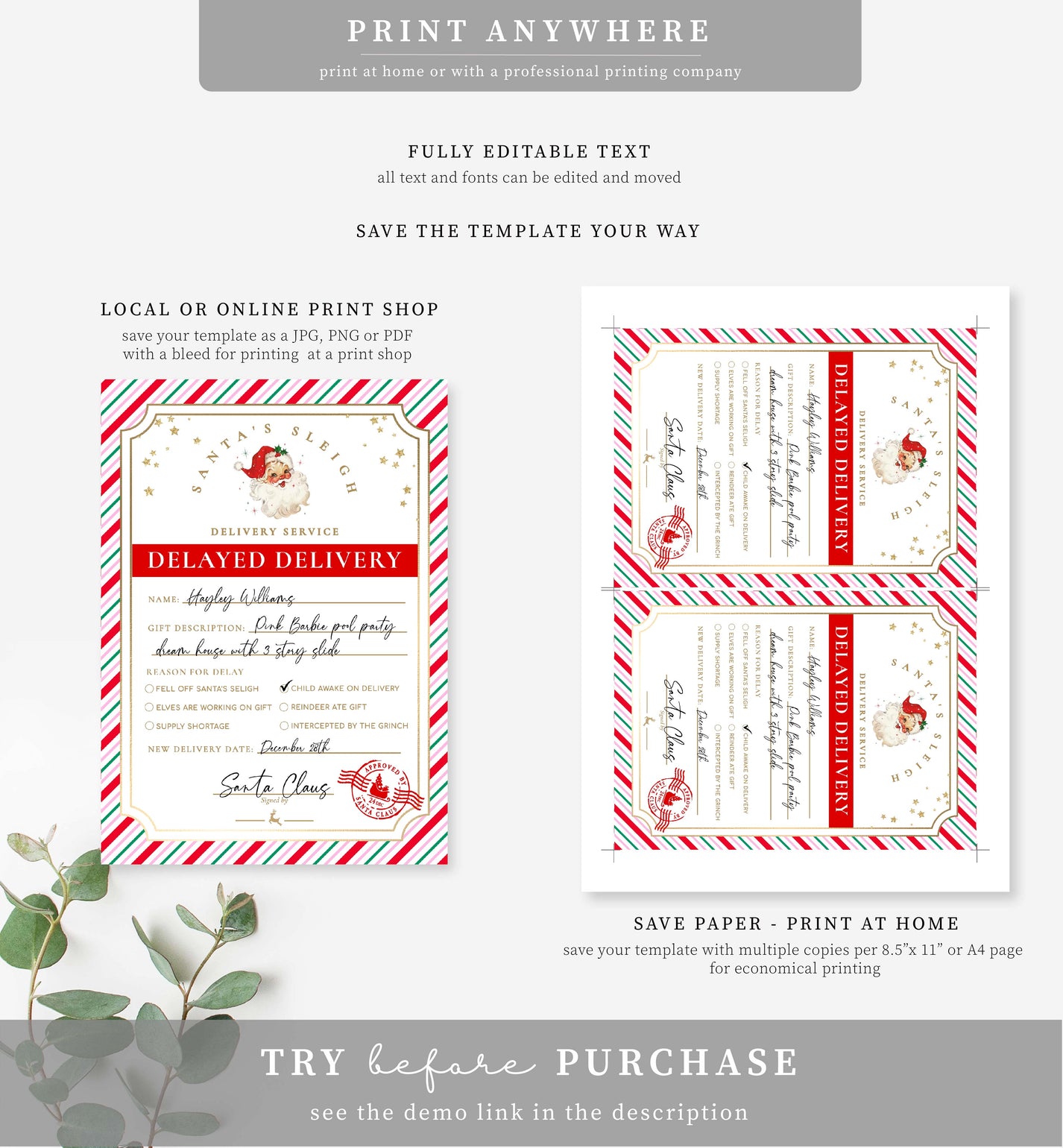 Santa's Workshop Pink Multi | Printable Christmas Delayed Gift Notice ...