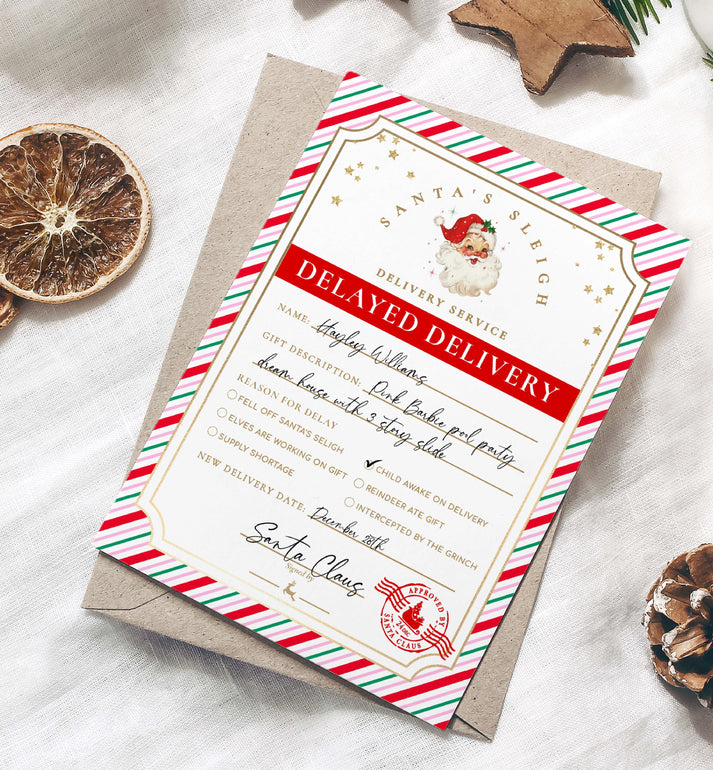 Santa's Workshop Pink Multi | Printable Christmas Delayed Gift Notice ...