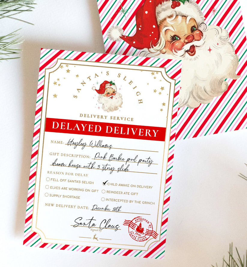 Santa's Workshop Pink Multi | Printable Christmas Delayed Gift Notice ...