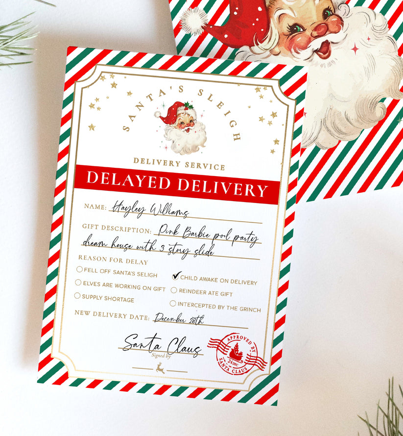 Santa's Workshop Red Green | Printable Christmas Delayed Gift Notice T ...