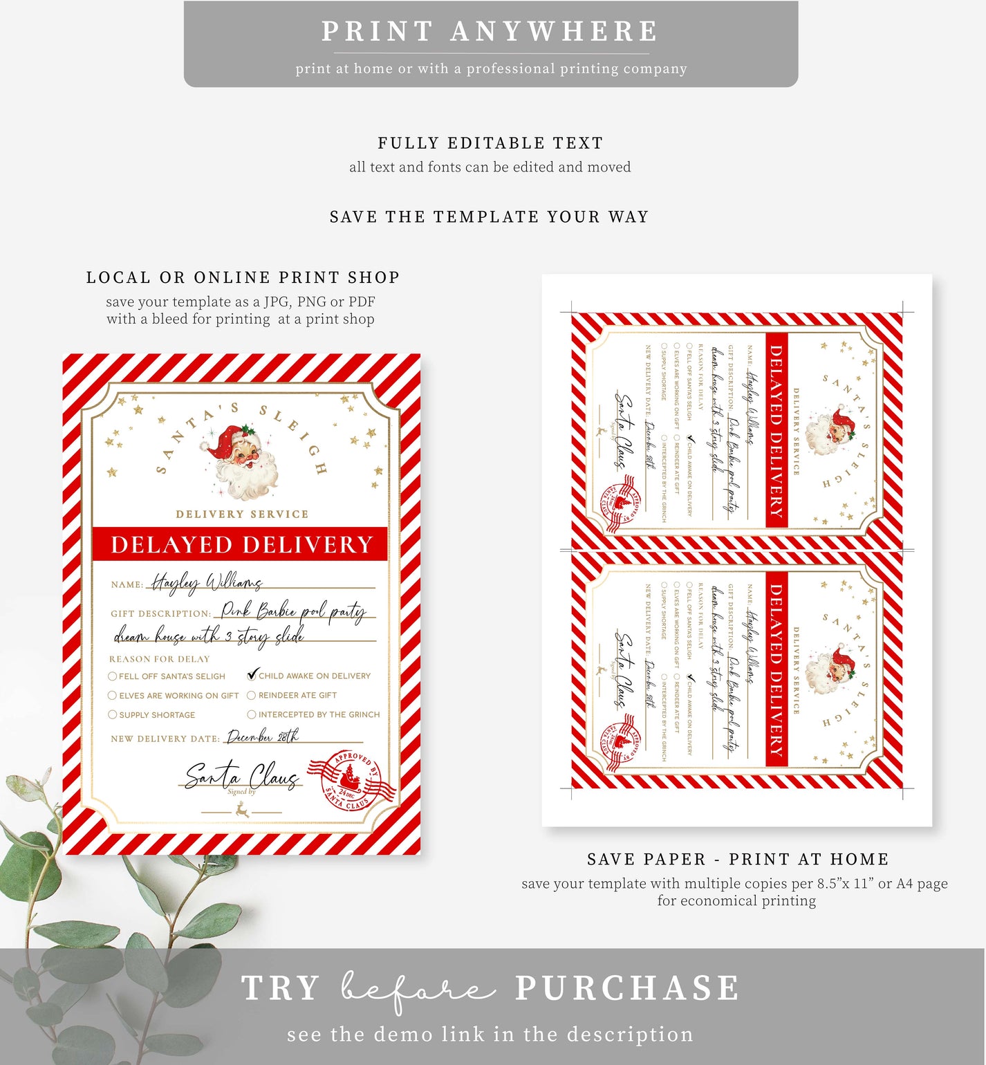 Santa's Workshop Red | Printable Christmas Delayed Gift Notice Templat ...