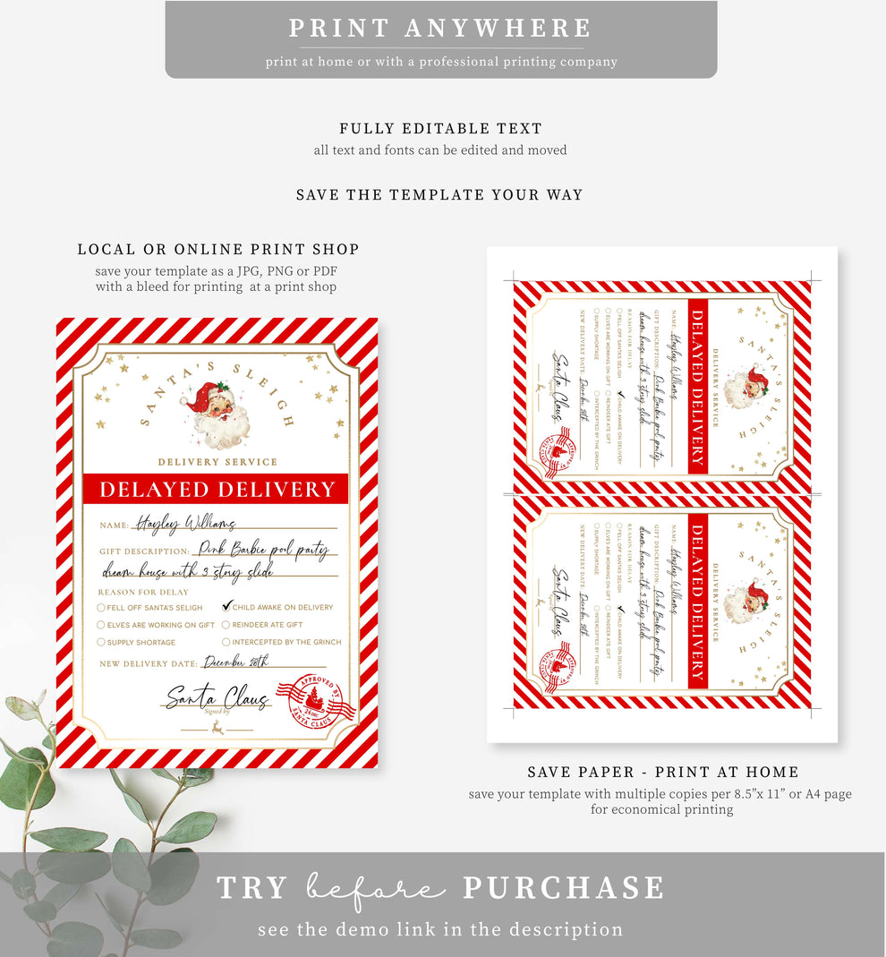 Santa's Workshop Red | Printable Christmas Delayed Gift Notice Templat ...
