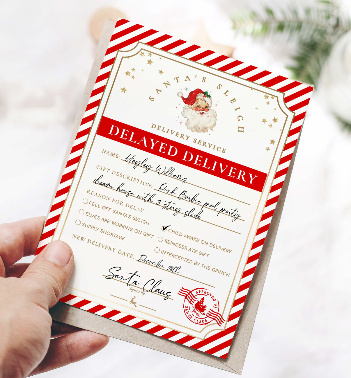 Santa's Workshop Red | Printable Christmas Delayed Gift Notice Templat ...