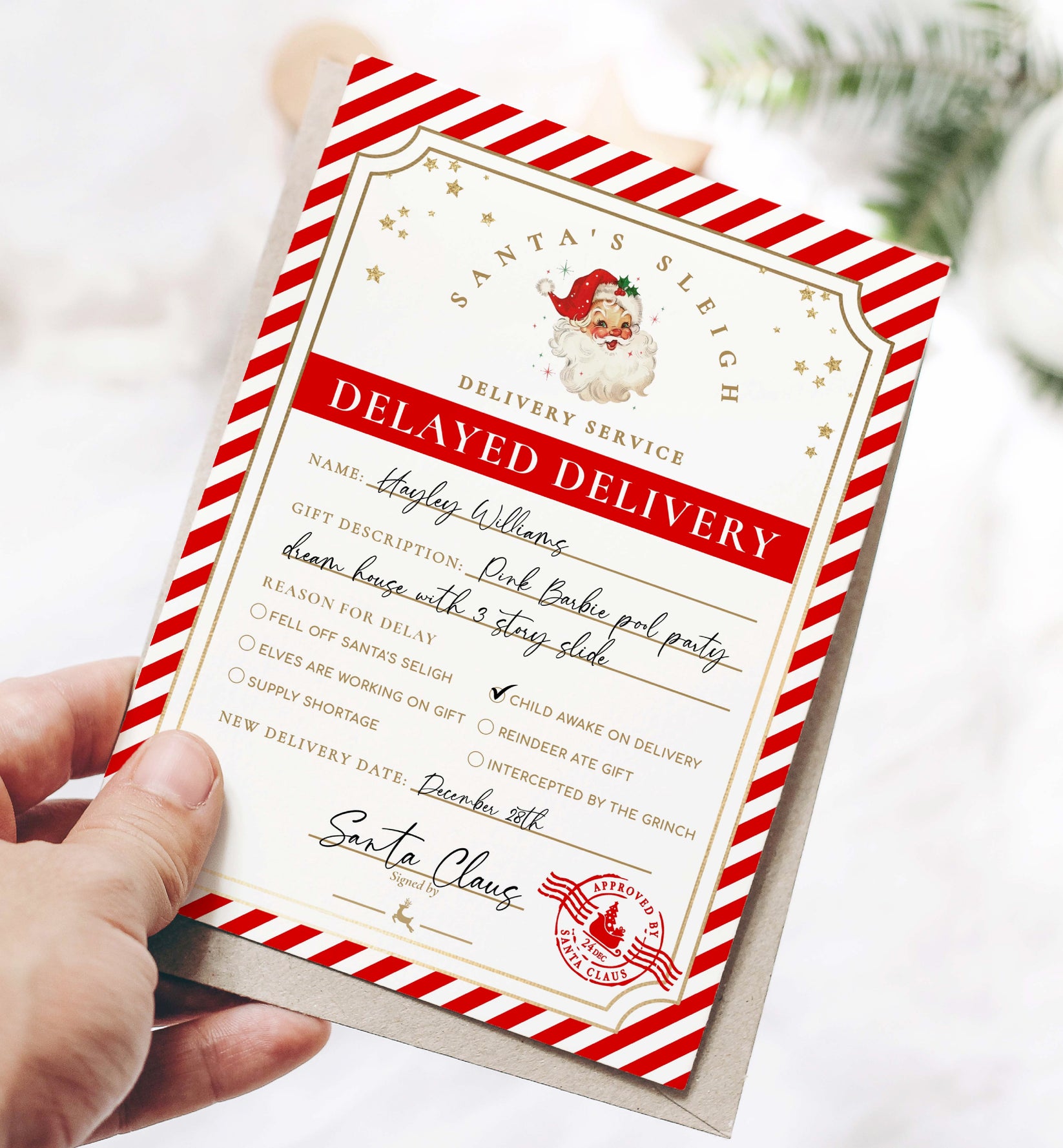 Santa's Workshop Red | Printable Christmas Delayed Gift Notice Templat ...