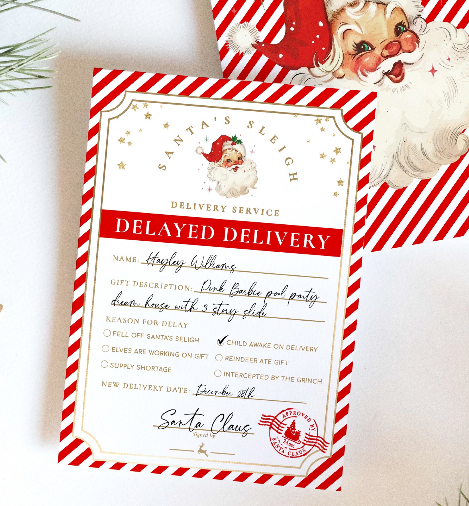 Santa's Workshop Red | Printable Christmas Delayed Gift Notice Templat ...