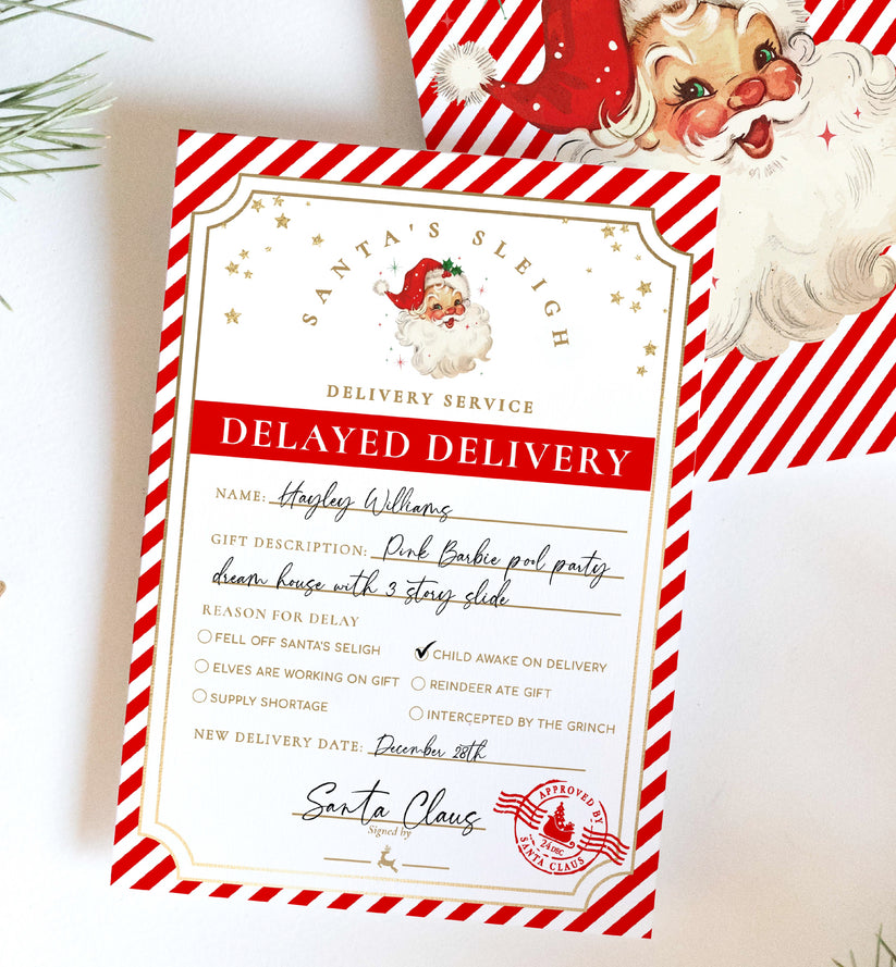 Santa's Workshop Red | Printable Christmas Delayed Gift Notice Templat ...