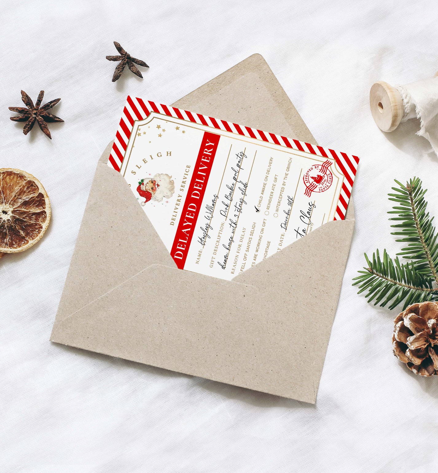 Santa's Workshop Red | Printable Christmas Delayed Gift Notice Templat ...