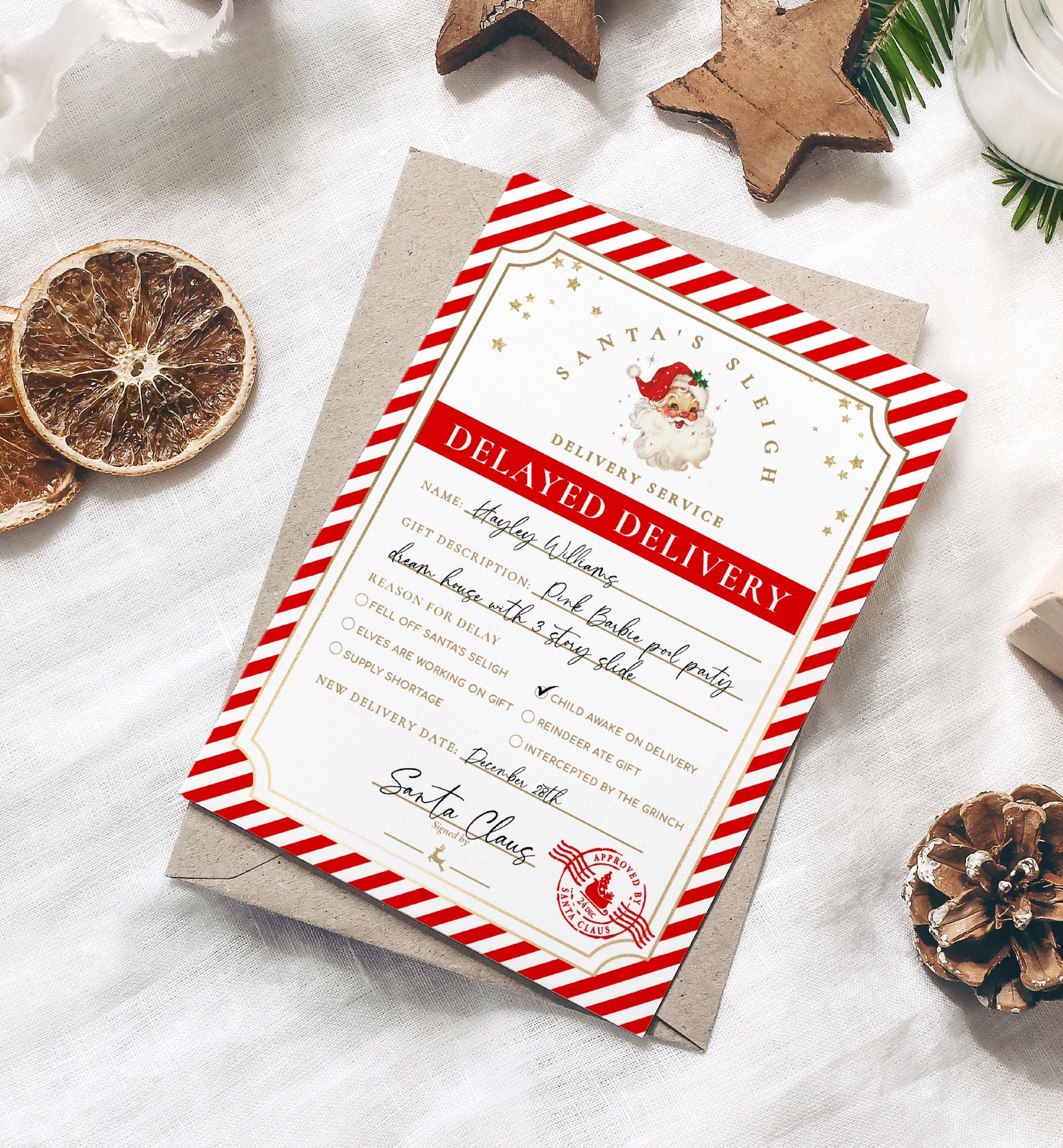 Santa's Workshop Red | Printable Christmas Delayed Gift Notice Templat ...