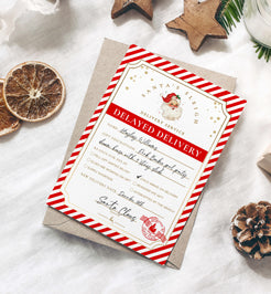Santa's Workshop Red | Printable Christmas Delayed Gift Notice Templat ...