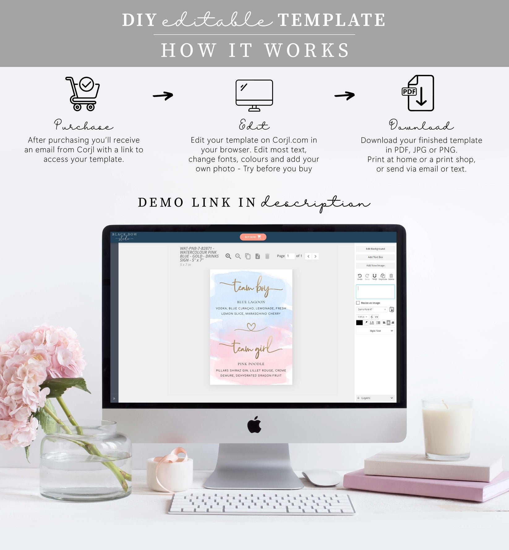Watercolour Pink Blue | Printable Team Girl Boy Drinks Sign Template ...