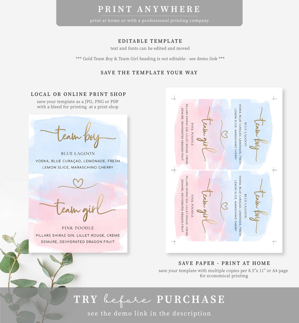 Watercolour Pink Blue | Printable Team Girl Boy Drinks Sign Template ...