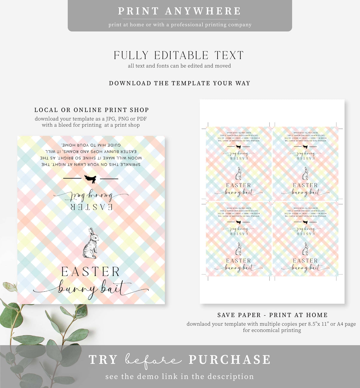 Gingham Multi | Printable Easter Bunny Bait Treat Bag Topper – Black ...