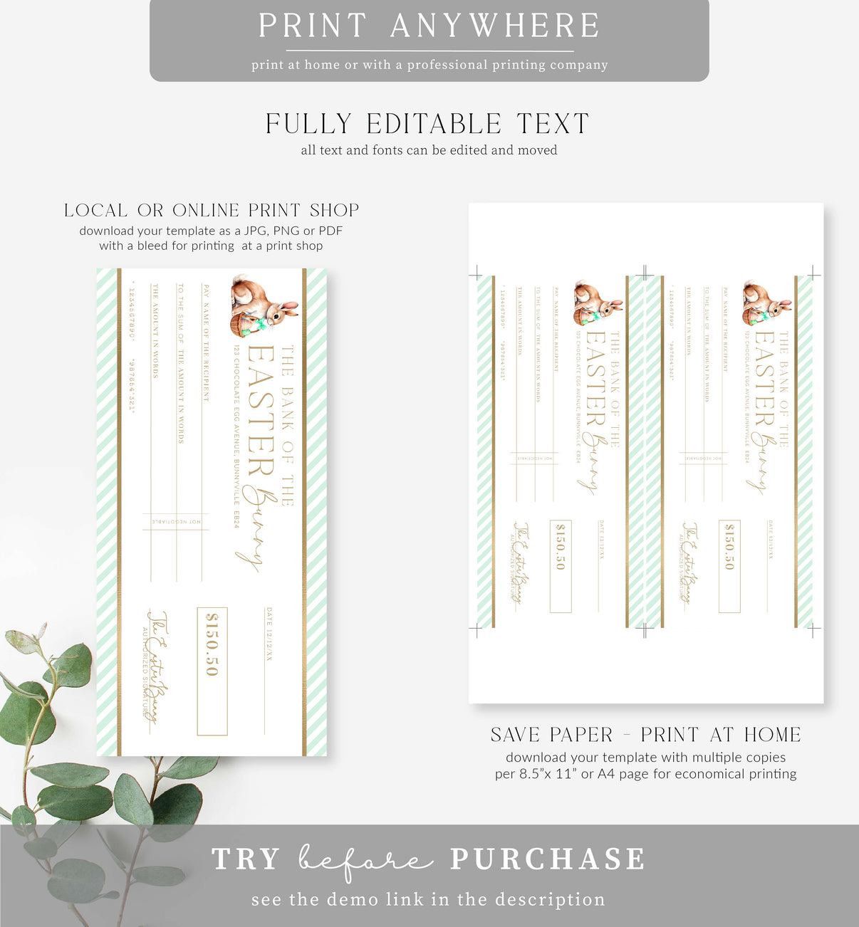 Stripe Green | Printable Easter Cheque Gift Voucher Template – Black ...