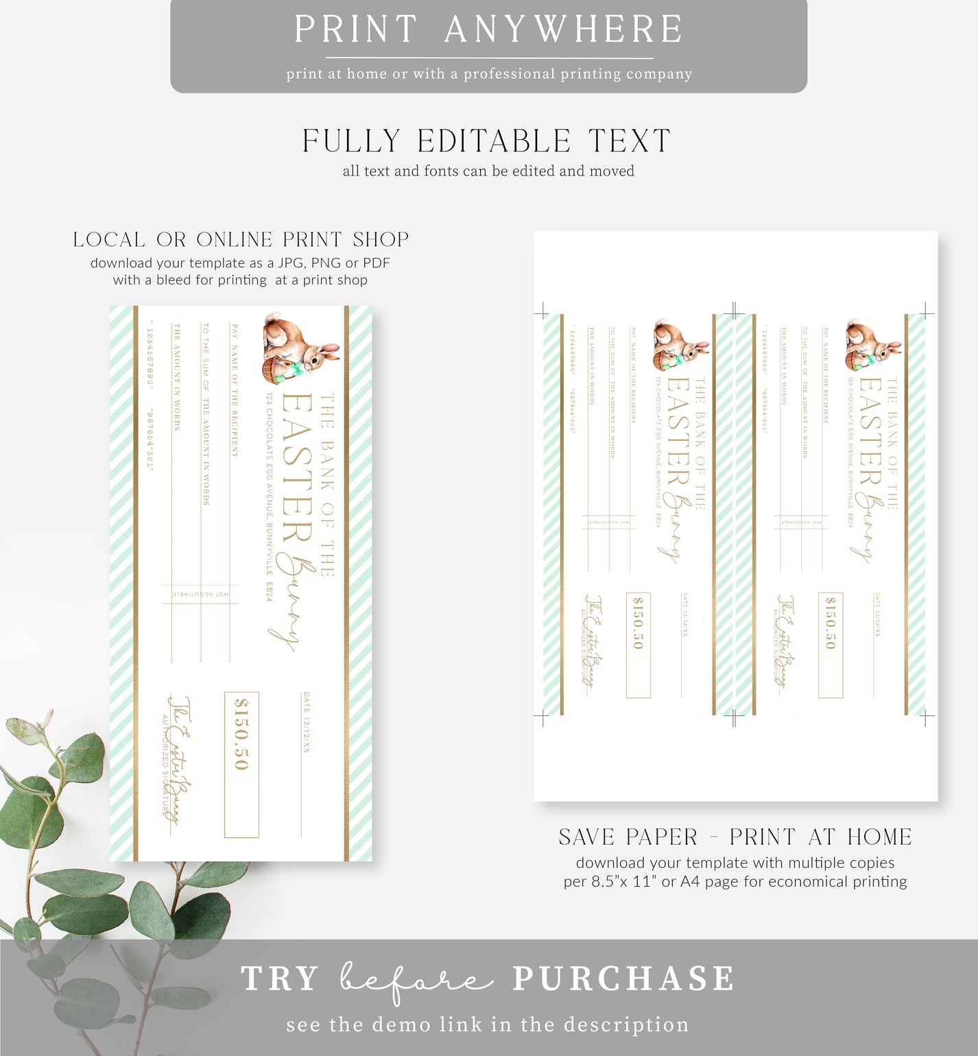 Stripe Green | Printable Easter Cheque Gift Voucher Template – Black ...