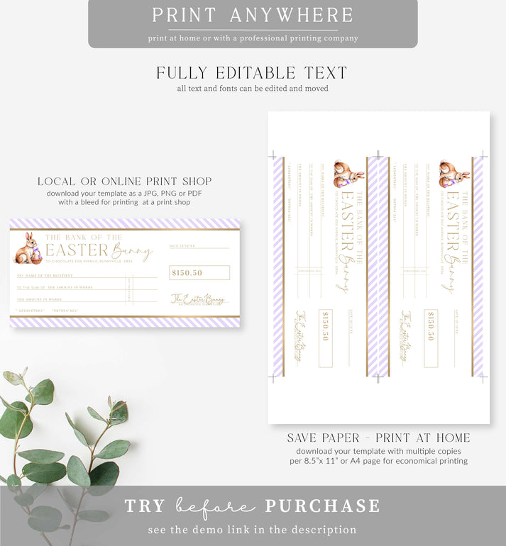 Stripe Purple | Printable Easter Cheque Gift Voucher Template – Black ...
