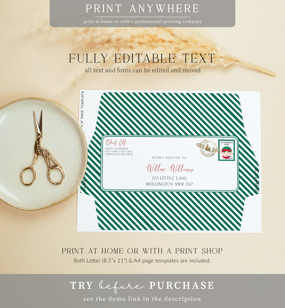 Santa's Workshop Green | Printable Elf Christmas Envelope Template ...