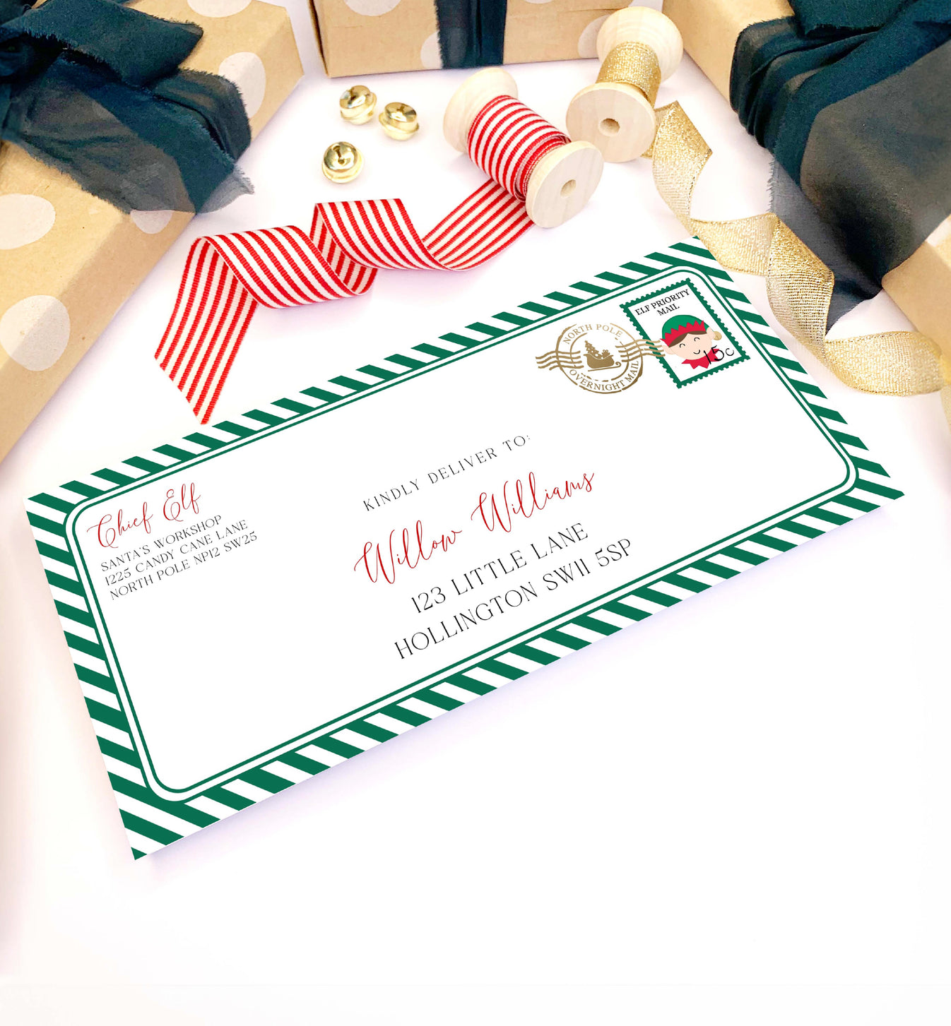 Santa's Workshop Green | Printable Elf Christmas Envelope Template ...