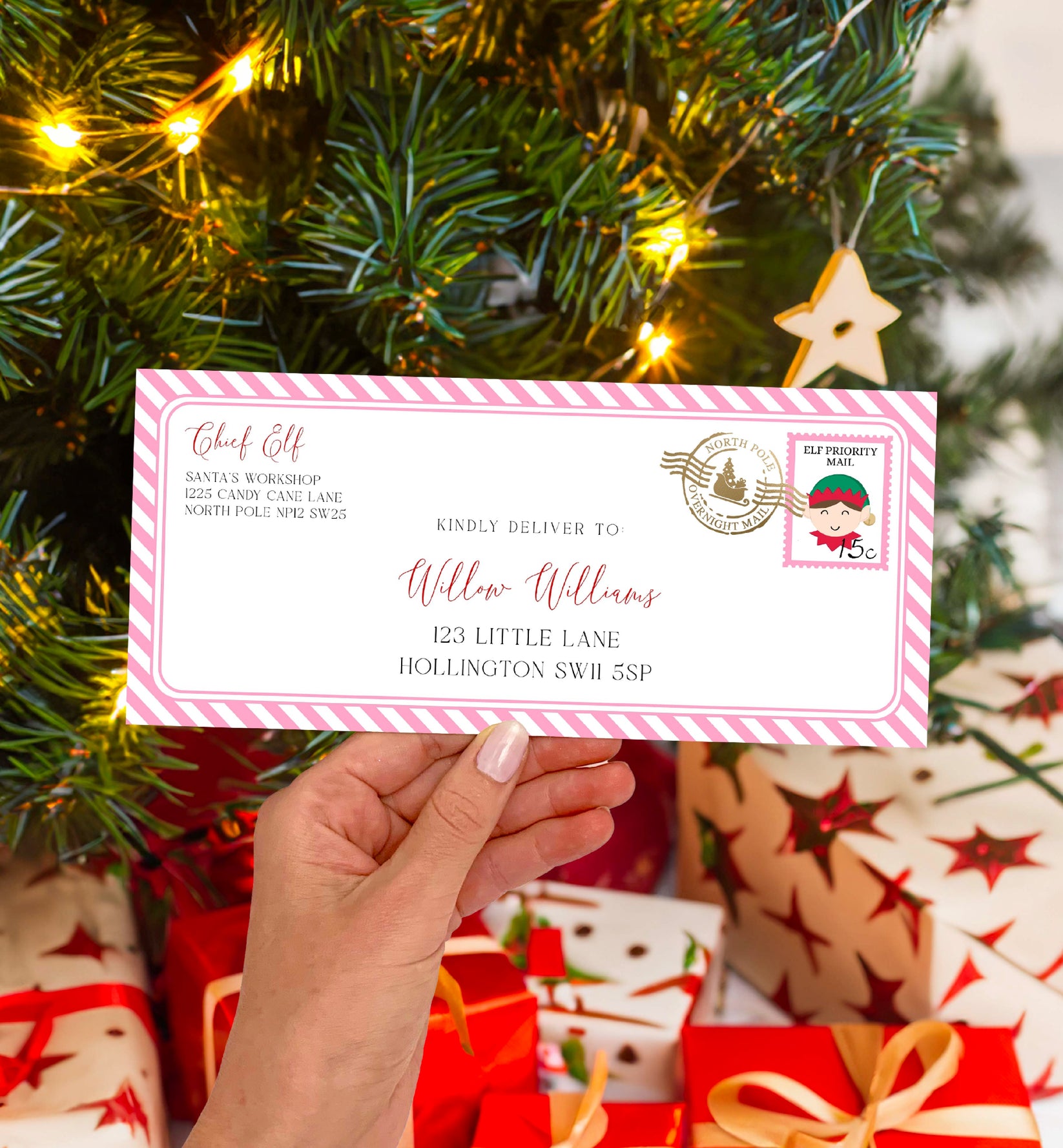 Santa's Workshop Pink | Printable Elf Christmas Envelope Template ...