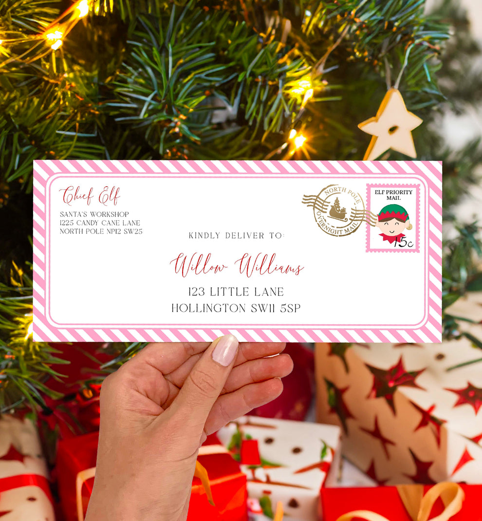 Santa's Workshop Pink | Printable Elf Christmas Envelope Template ...