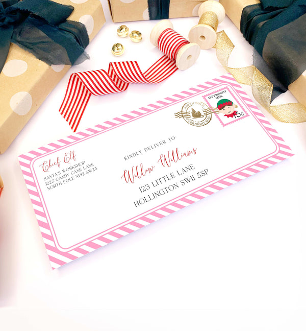 Santa's Workshop Pink | Printable Elf Christmas Envelope Template ...