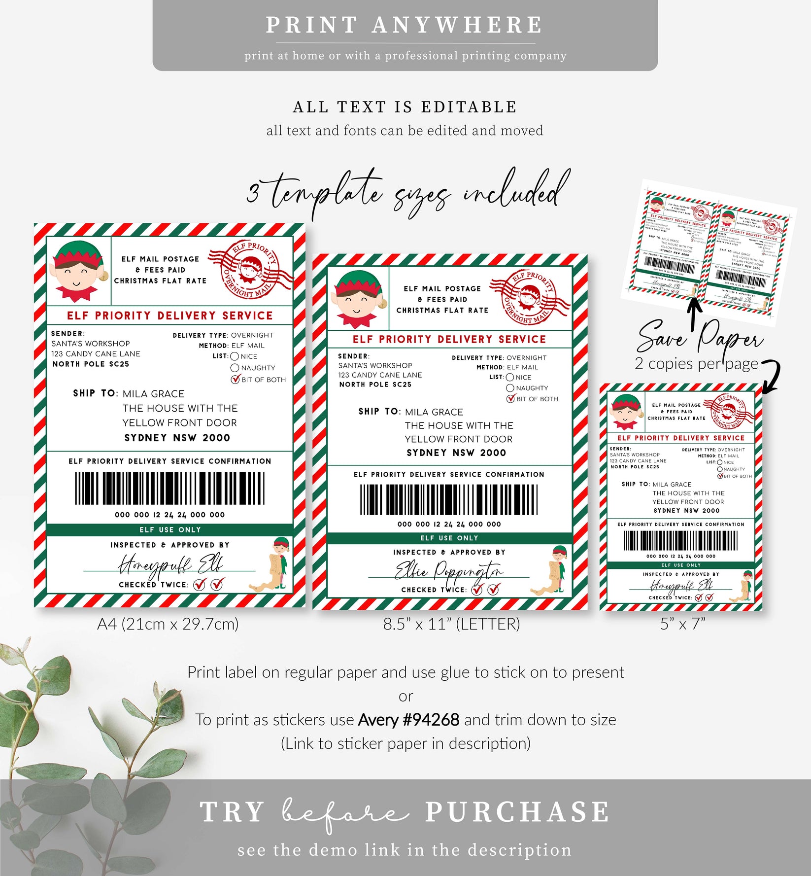 Santa's Workshop Red Green | Printable Elf Christmas Shipping Label Te ...