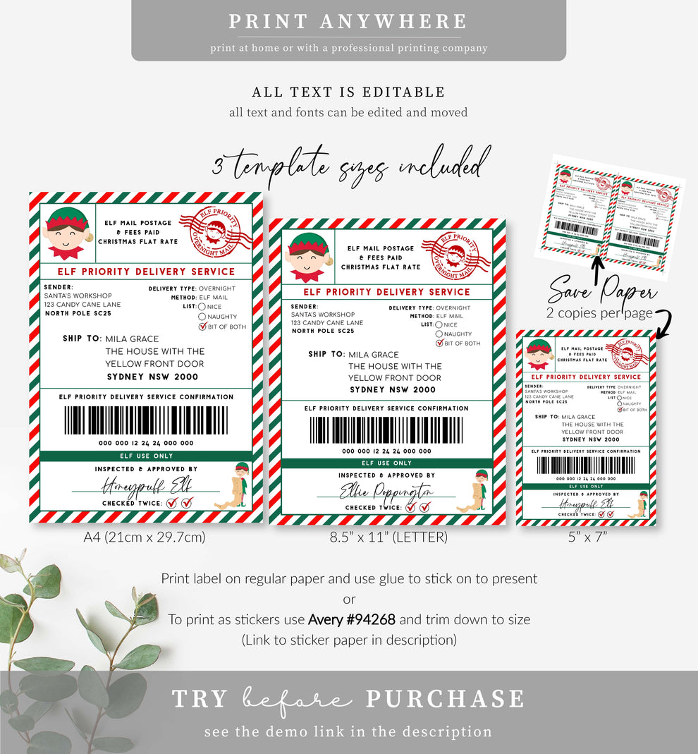 Santa's Workshop Red Green | Printable Elf Christmas Shipping Label Te ...