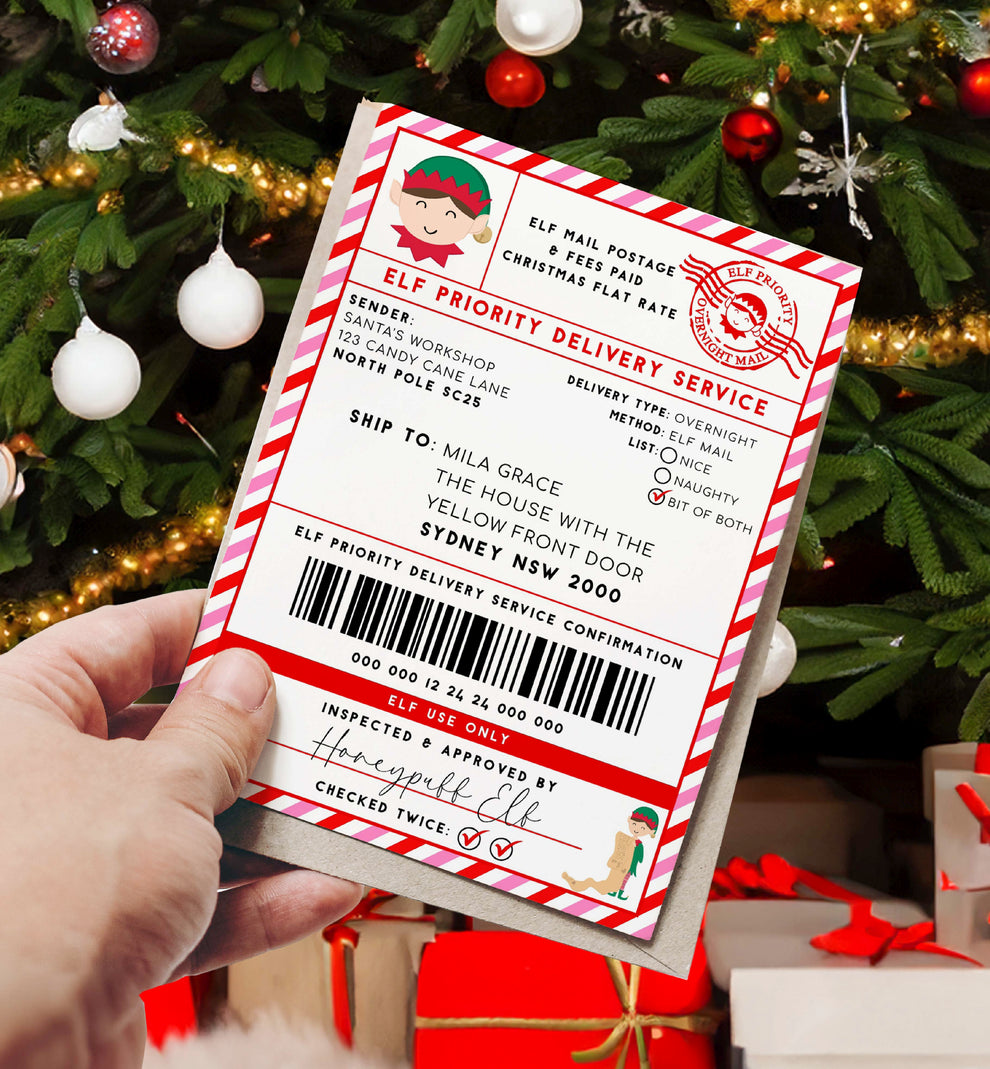 Santa's Workshop Red Pink | Printable Elf Christmas Shipping Label Tem ...