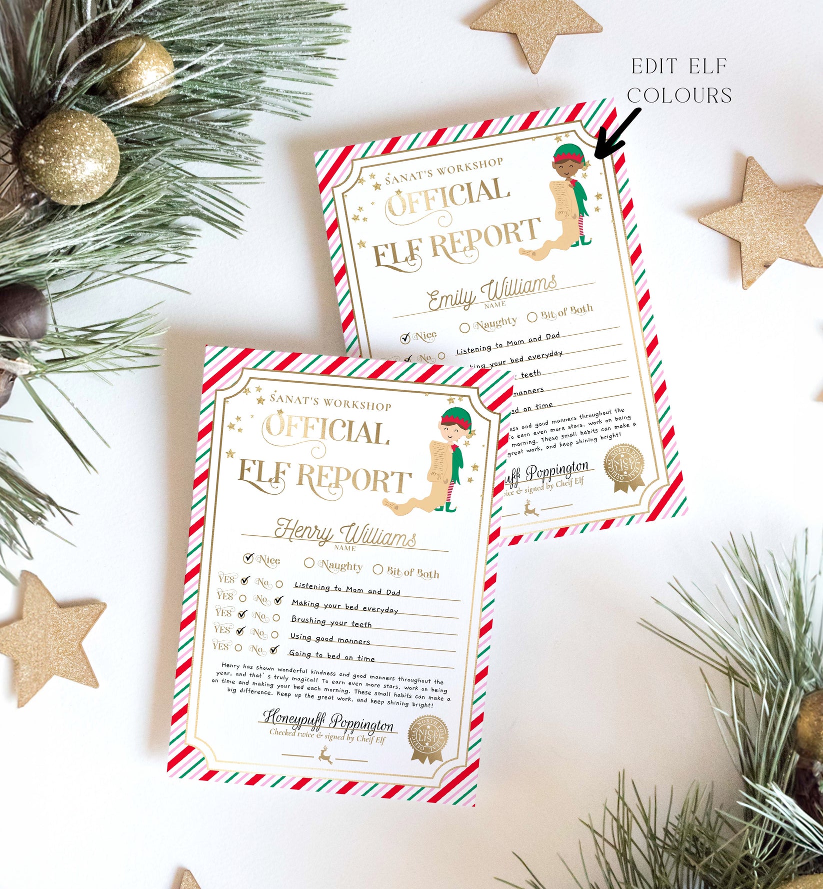 Santa's Workshop Pink Multi | Printable Christmas Elf Report Card Temp ...