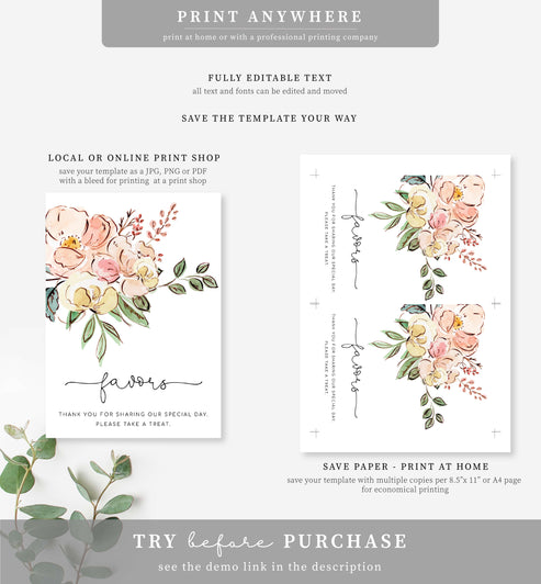 Cambridge Floral Multi | Printable Favours Sign Template – Black Bow Studio