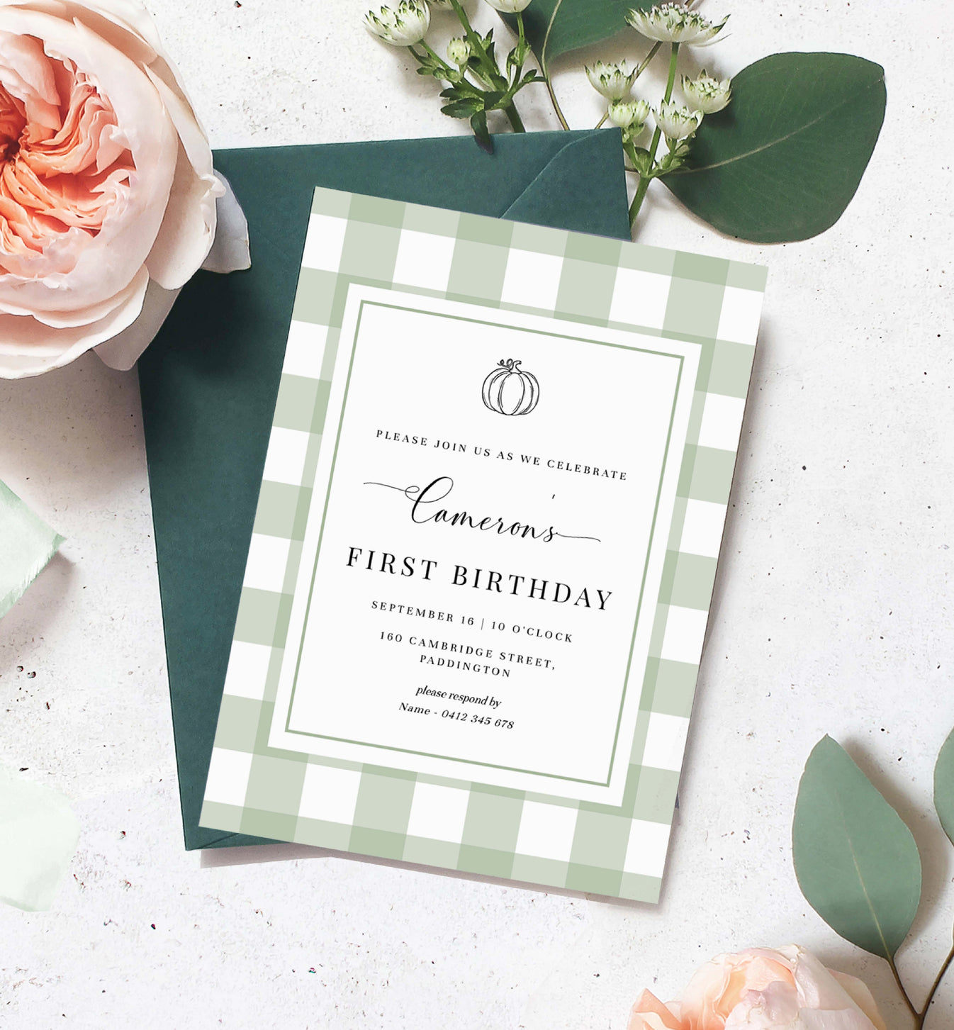 Printable Blue Gingham Baby Shower Invitation – Black Bow Studio