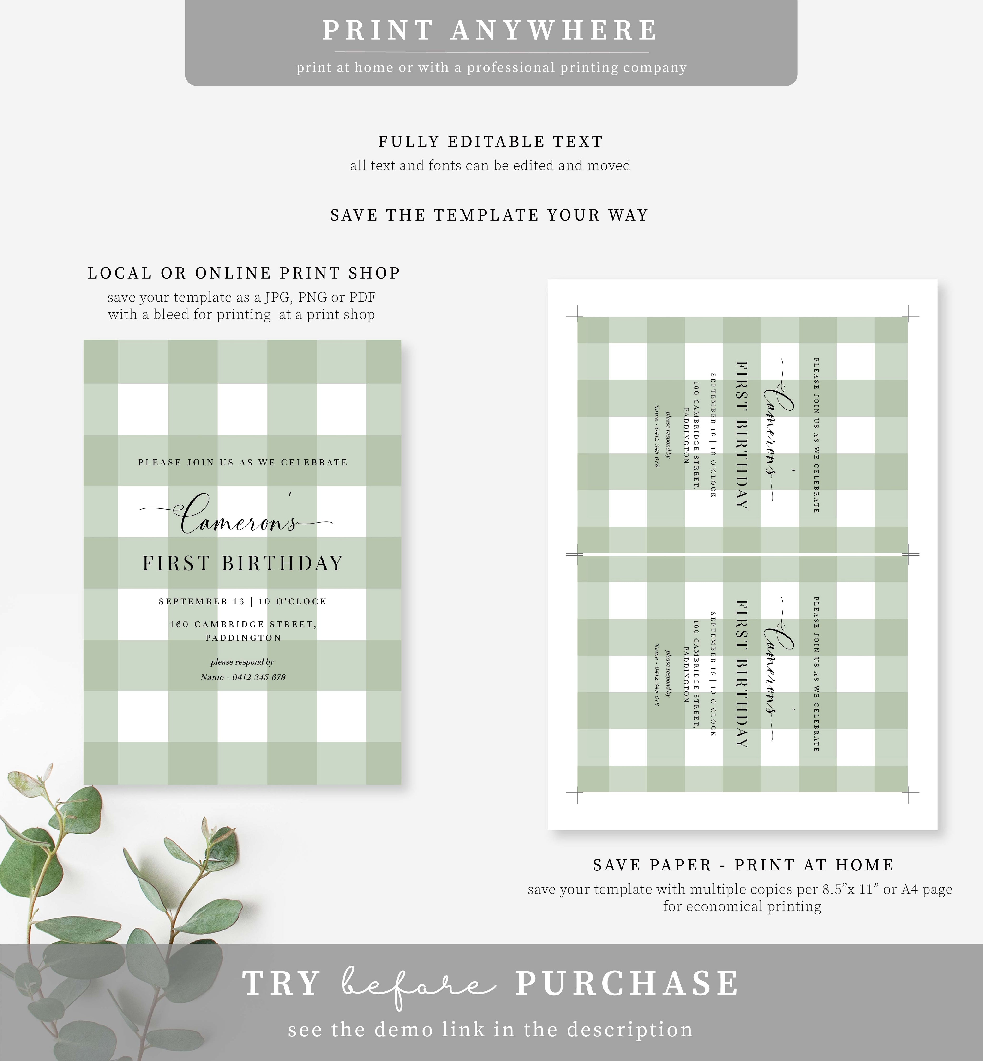Printable Blue Gingham Baby Shower Invitation – Black Bow Studio