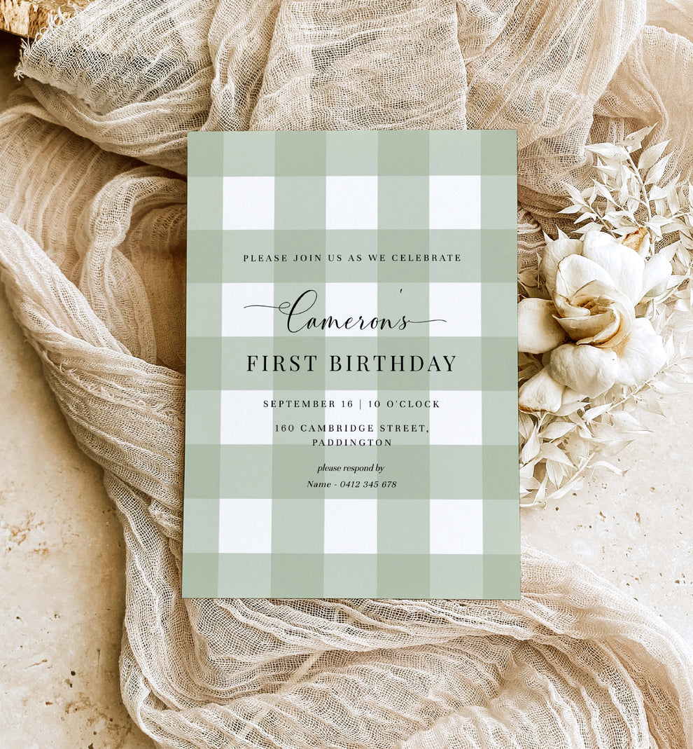 Printable Blue Gingham Baby Shower Invitation – Black Bow Studio