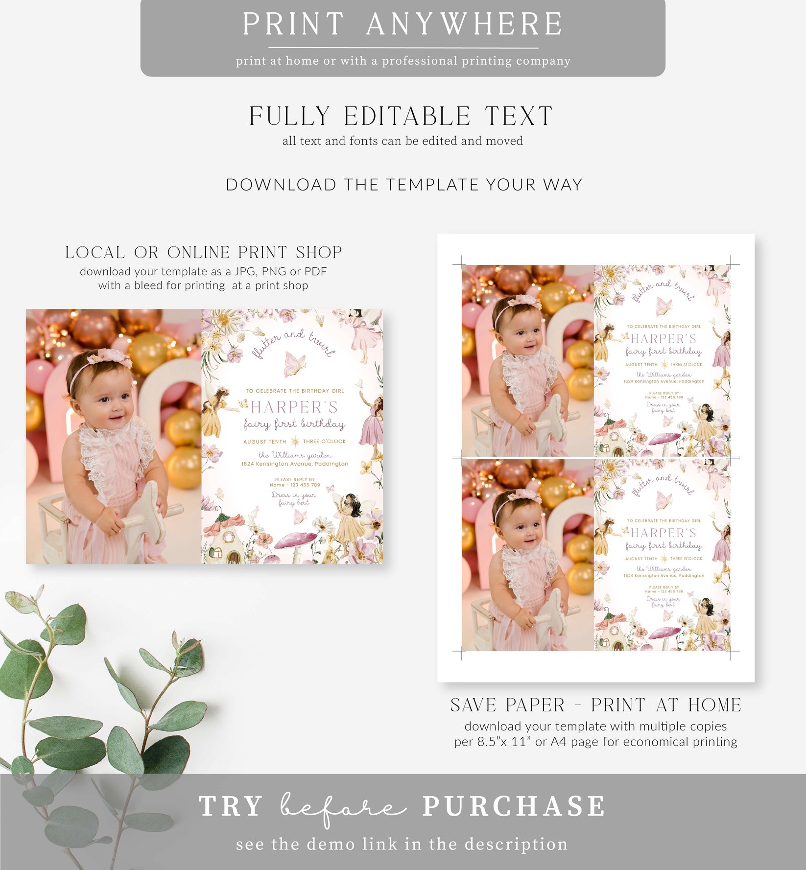 Fairy Multi | Printable First Birthday Photo Invitation Template ...