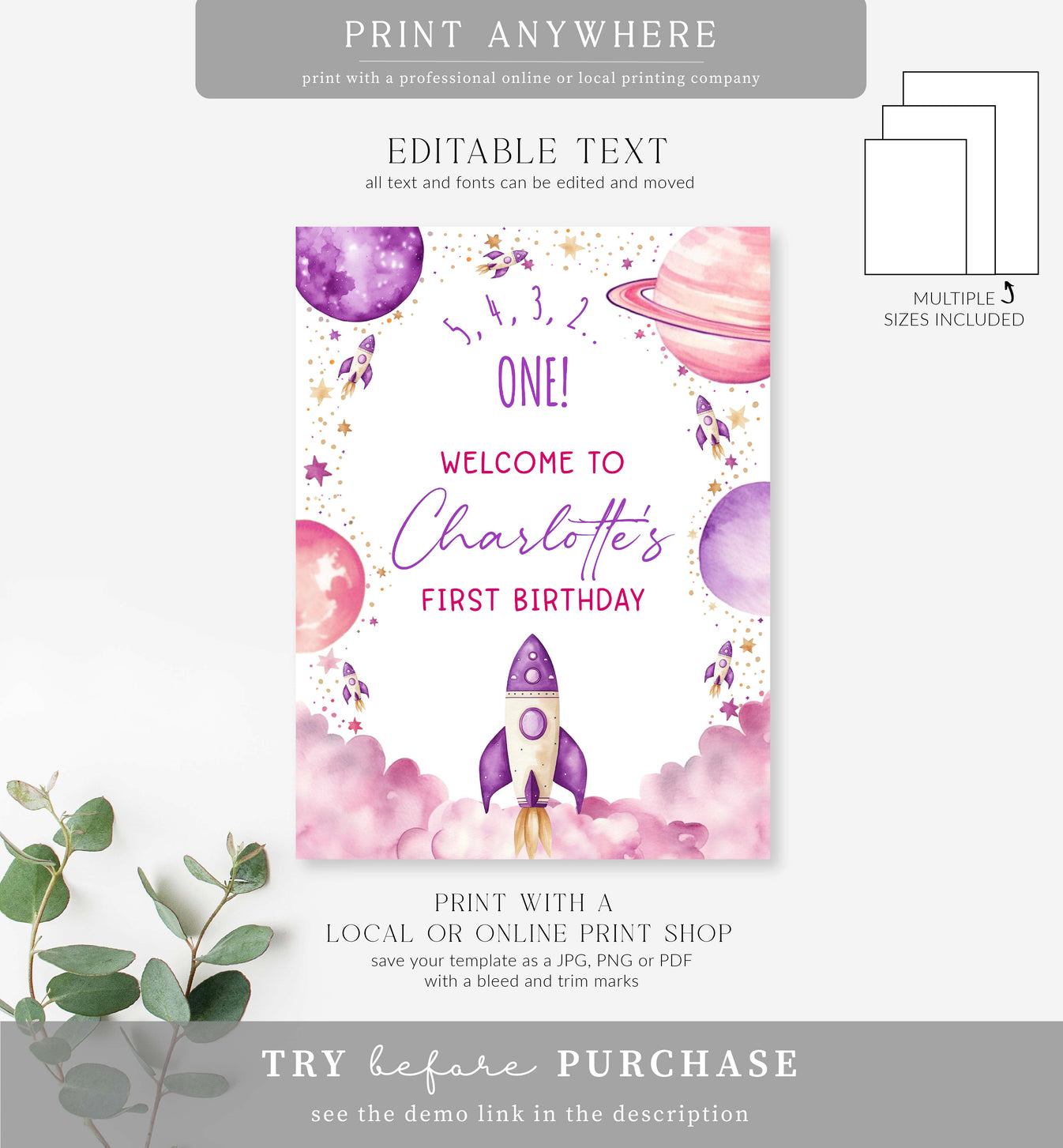 Space Purple | Printable Welcome Sign Template – Black Bow Studio