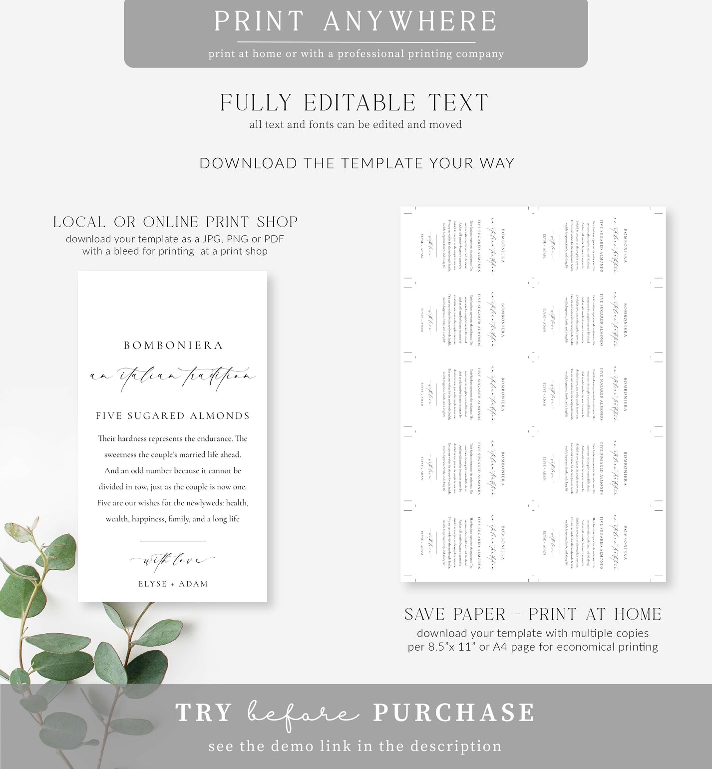 Ellesmere White | Printable Sugared Almonds Favour Tag Template – Black ...
