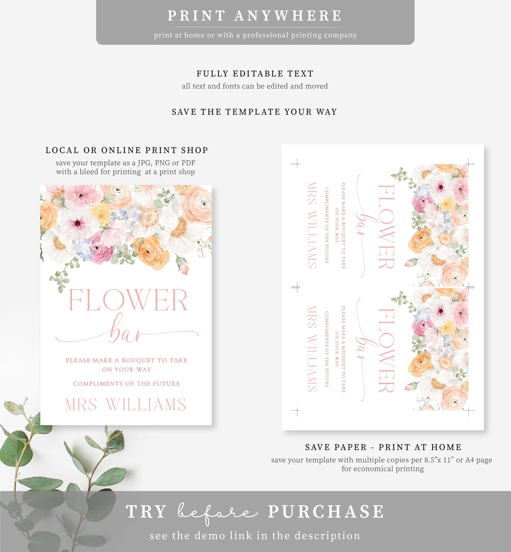 Millie Floral White | Printable Flower Bar Sign Template – Black Bow Studio