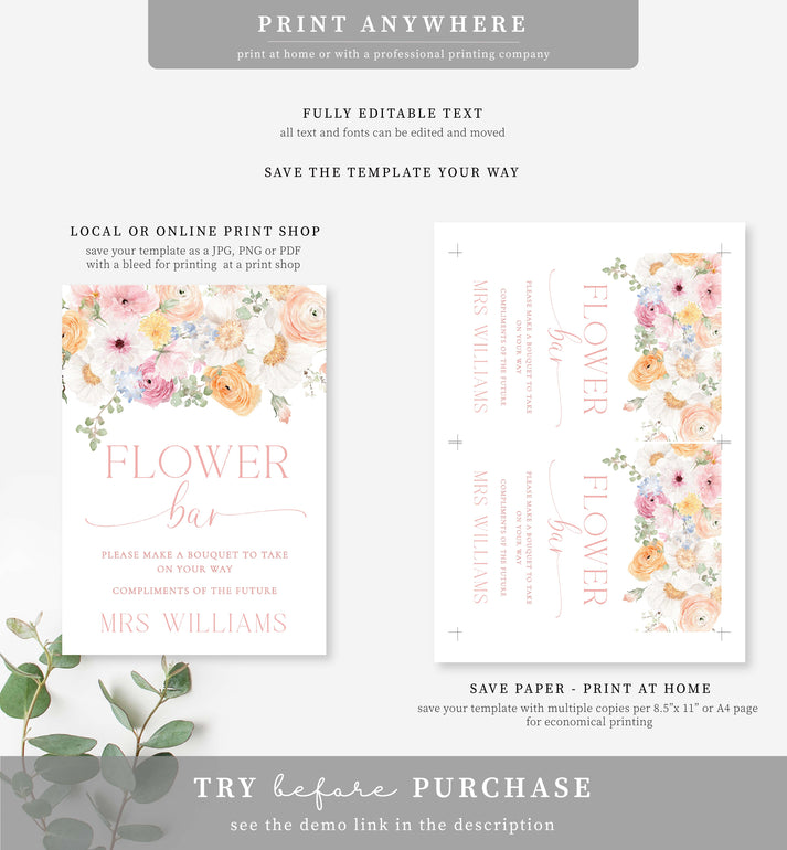 Millie Floral White | Printable Flower Bar Sign Template – Black Bow Studio