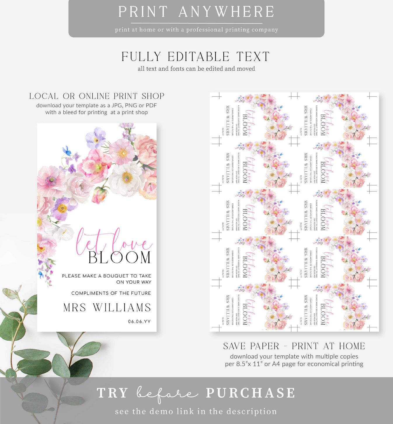 Eloise Floral | Printable Flower Bar Sign and Tag Template – Black Bow ...