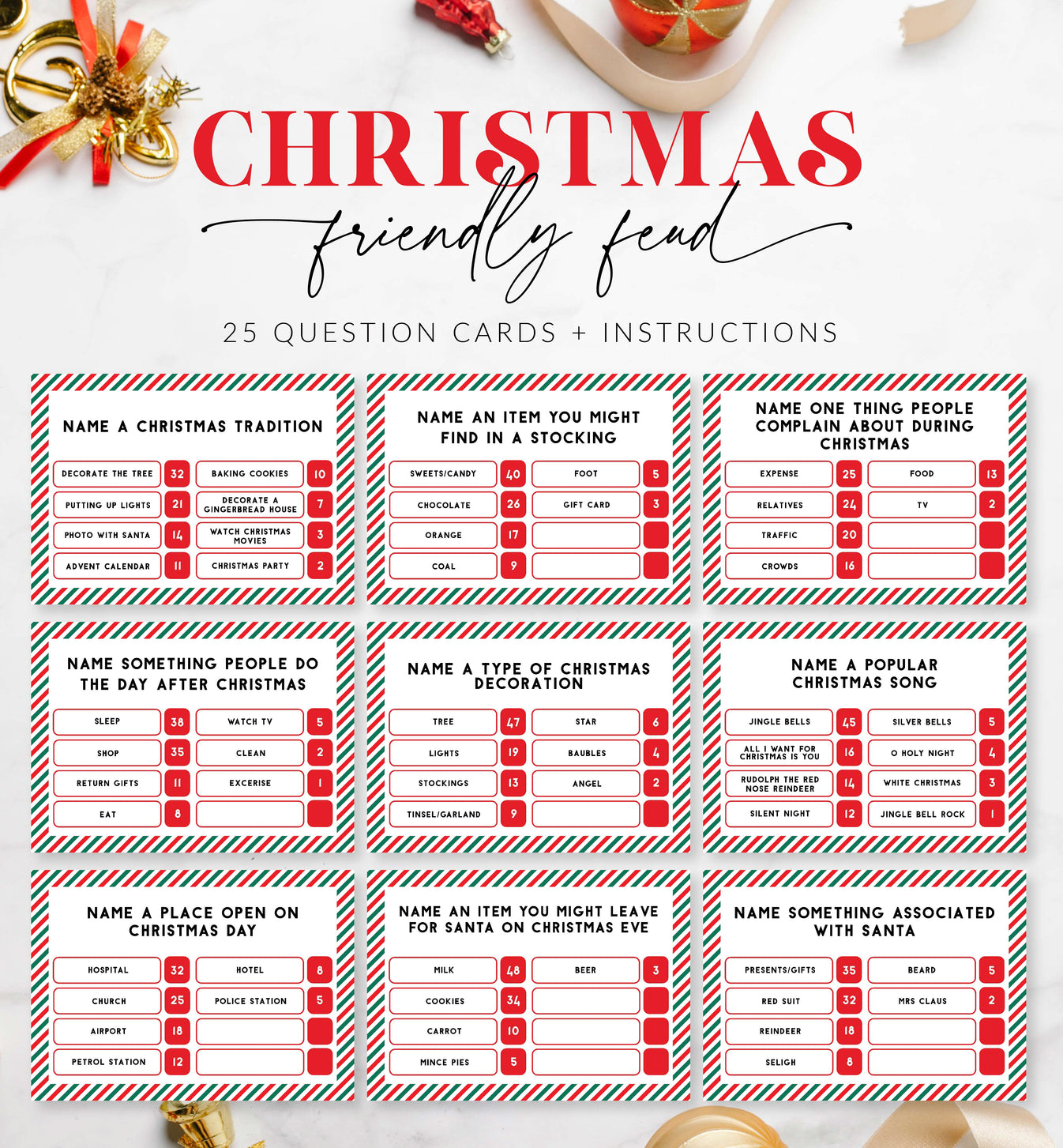Stripe Red Green | Printable Christmas Friendly Feud Game Template ...