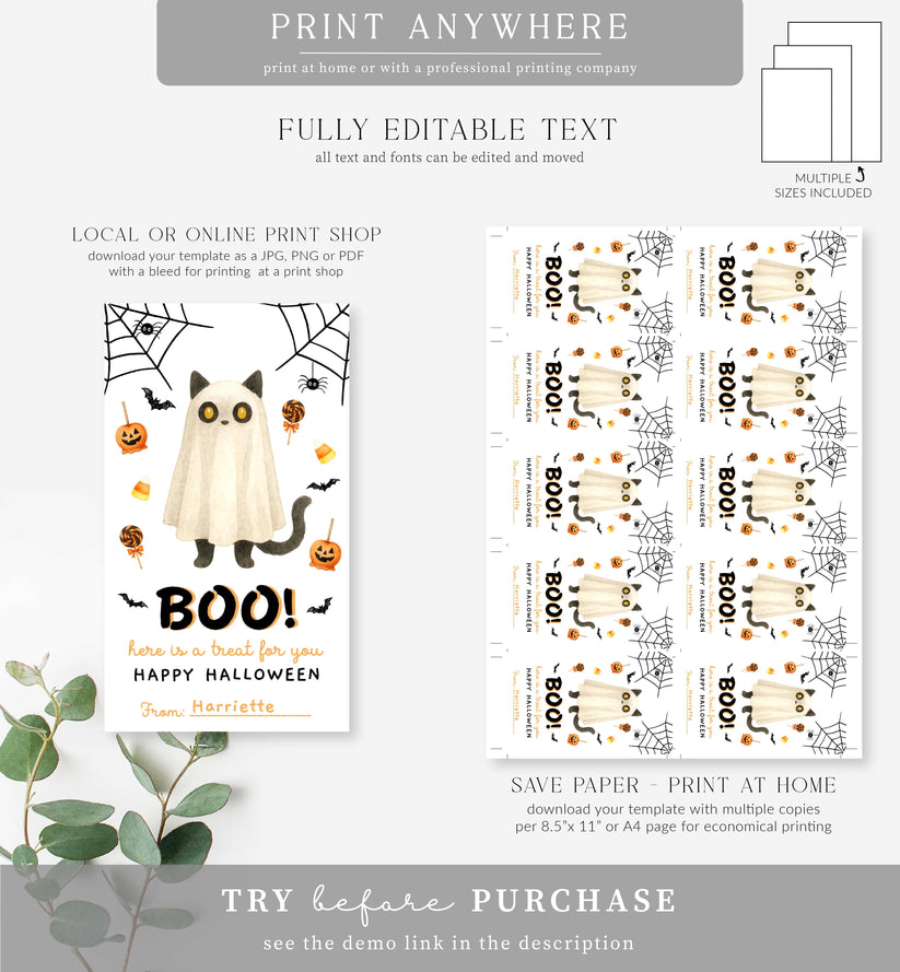 Halloween | Printable Ghost Cat Tag Template – Black Bow Studio