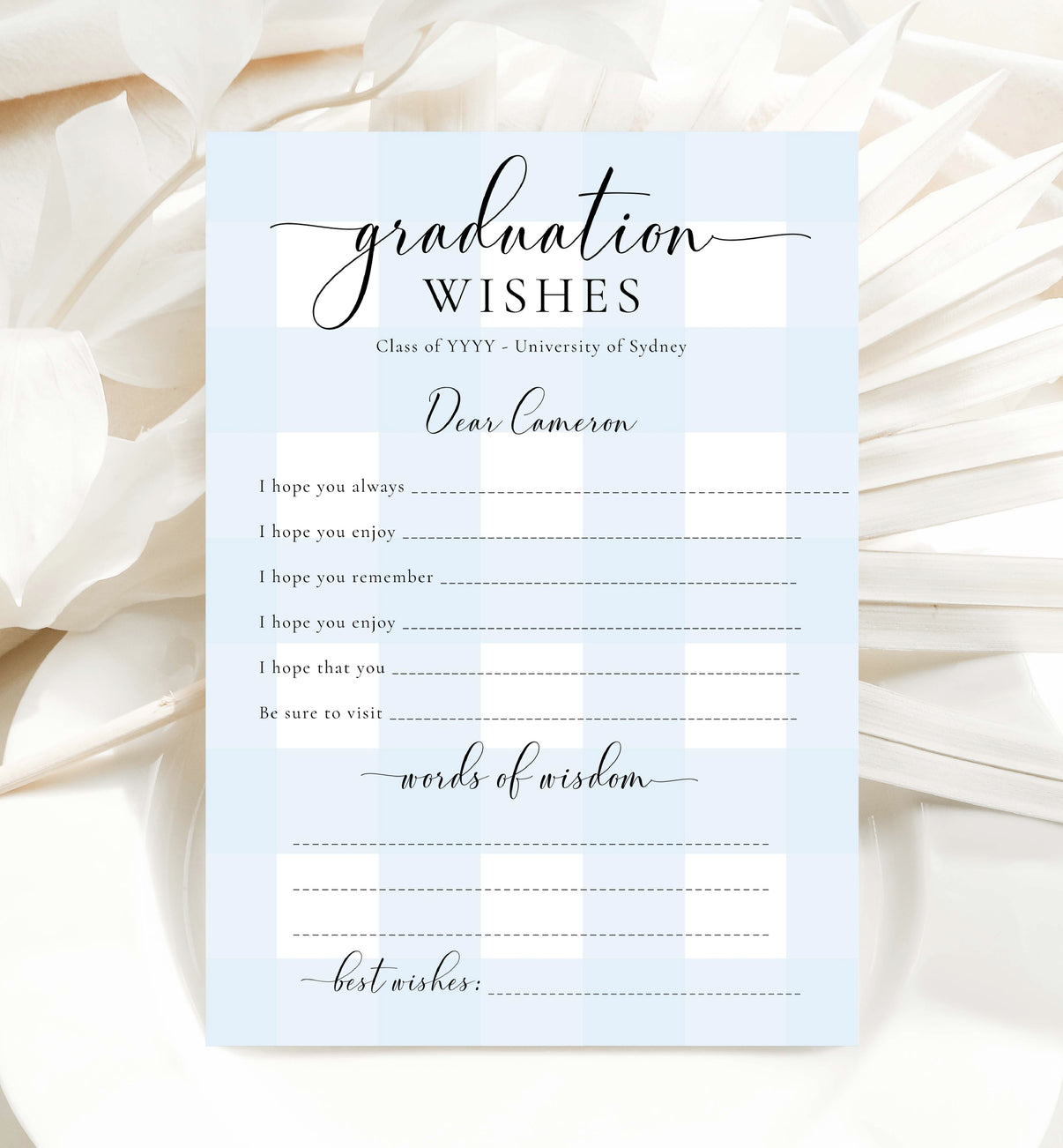 Gingham Blue | Printable Graduation Wishes Card Template – Black Bow Studio